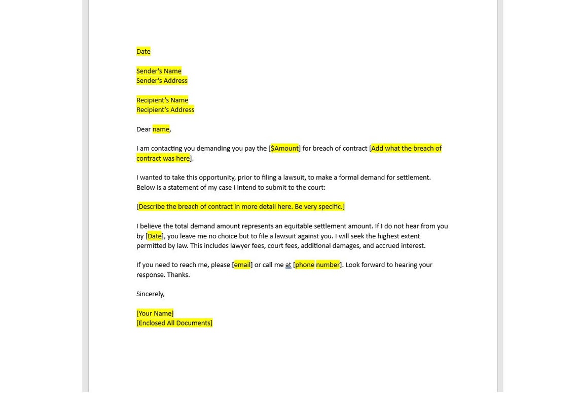 Breach of Contract Demand Letter Template, Editable Template, Word ...