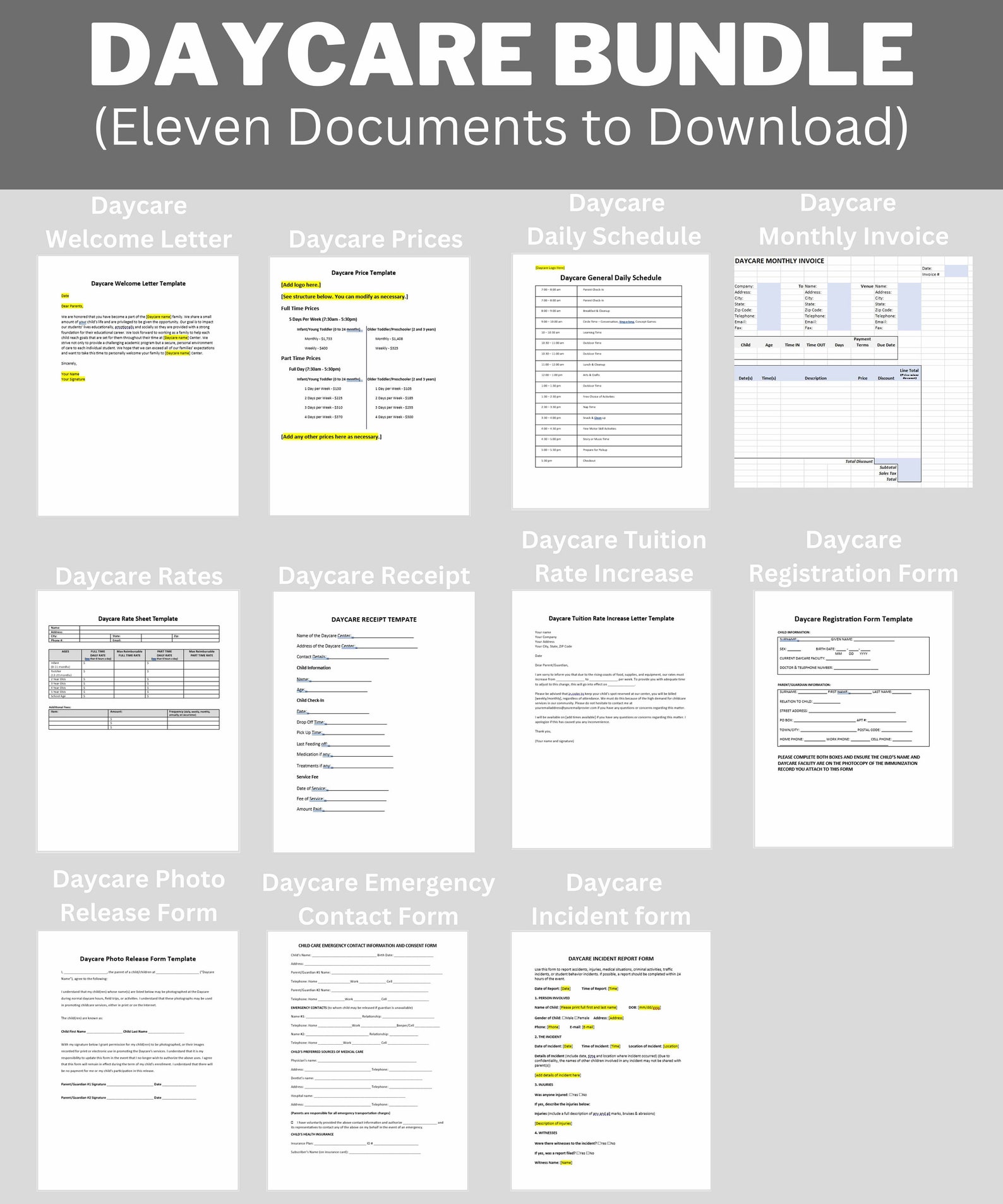Set of 11 Daycare Template Bundle, Daycare Forms Bundle, Childcare ...