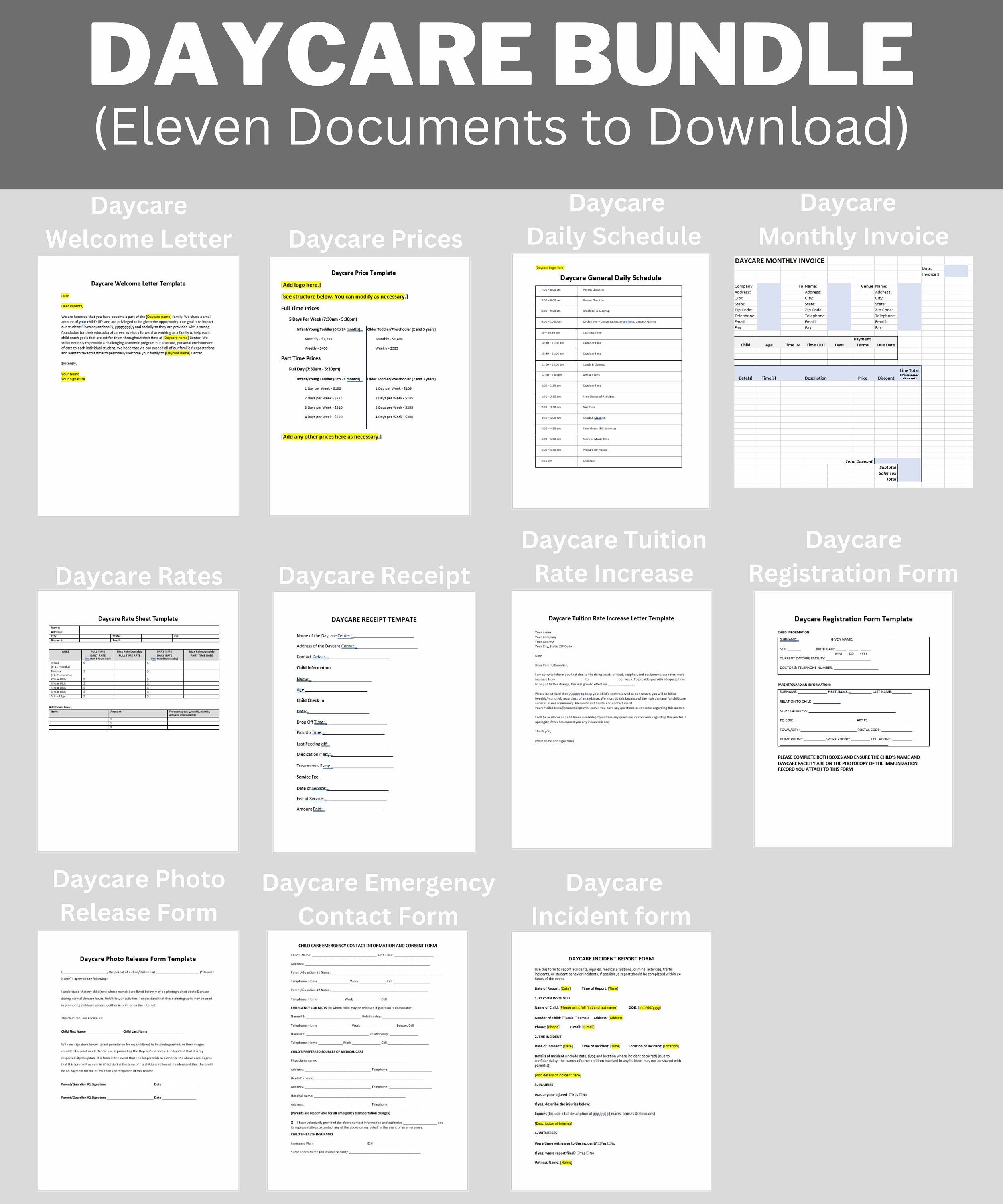Set of 11 Daycare Template Bundle, Daycare Forms Bundle, Childcare ...