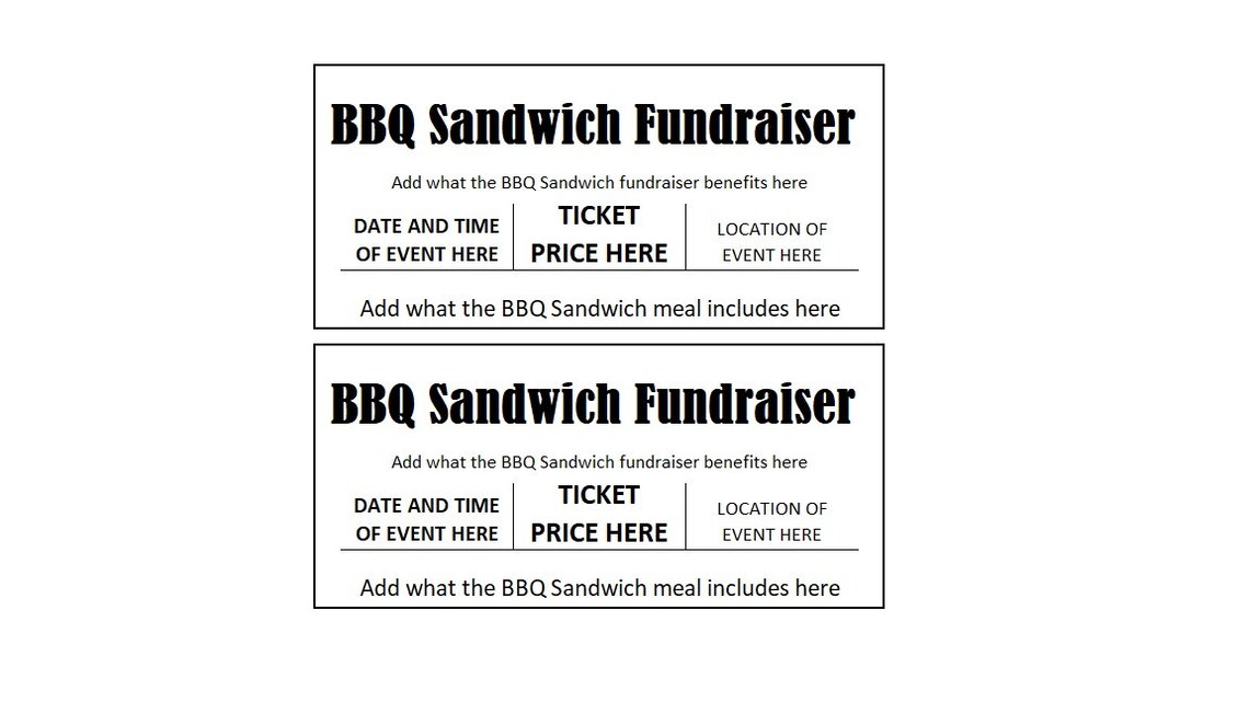 Editable Fundraiser Ticket, BBQ Sandwich Fundraiser Ticket, BBQ ...