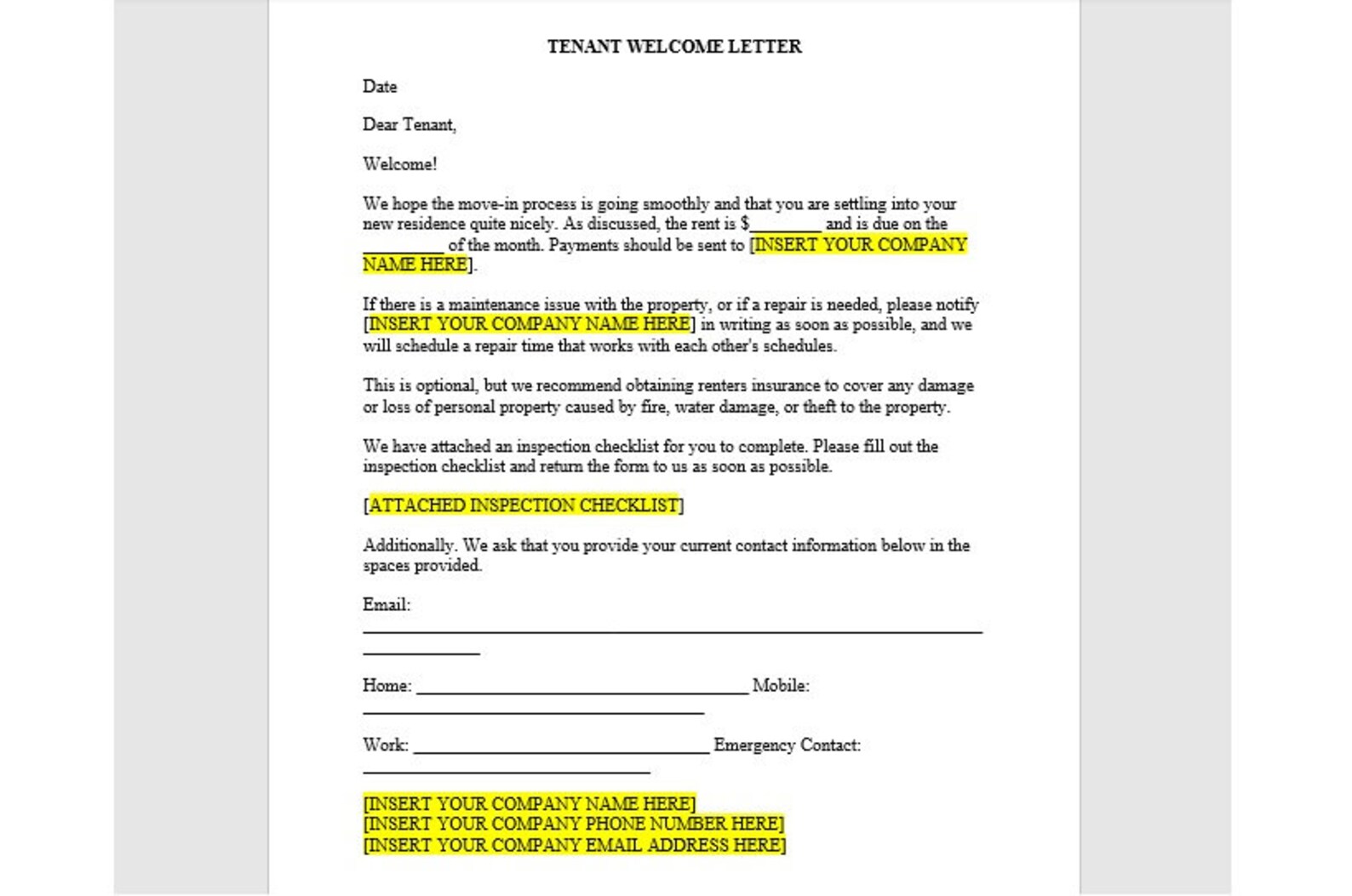 New Tenant Welcome Letter Template, New Tenant Welcome Letter, New ...