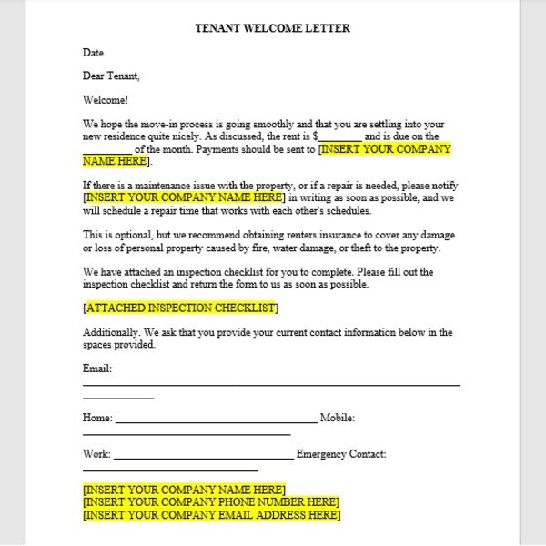 Welcome Tenant Letter - Etsy Canada