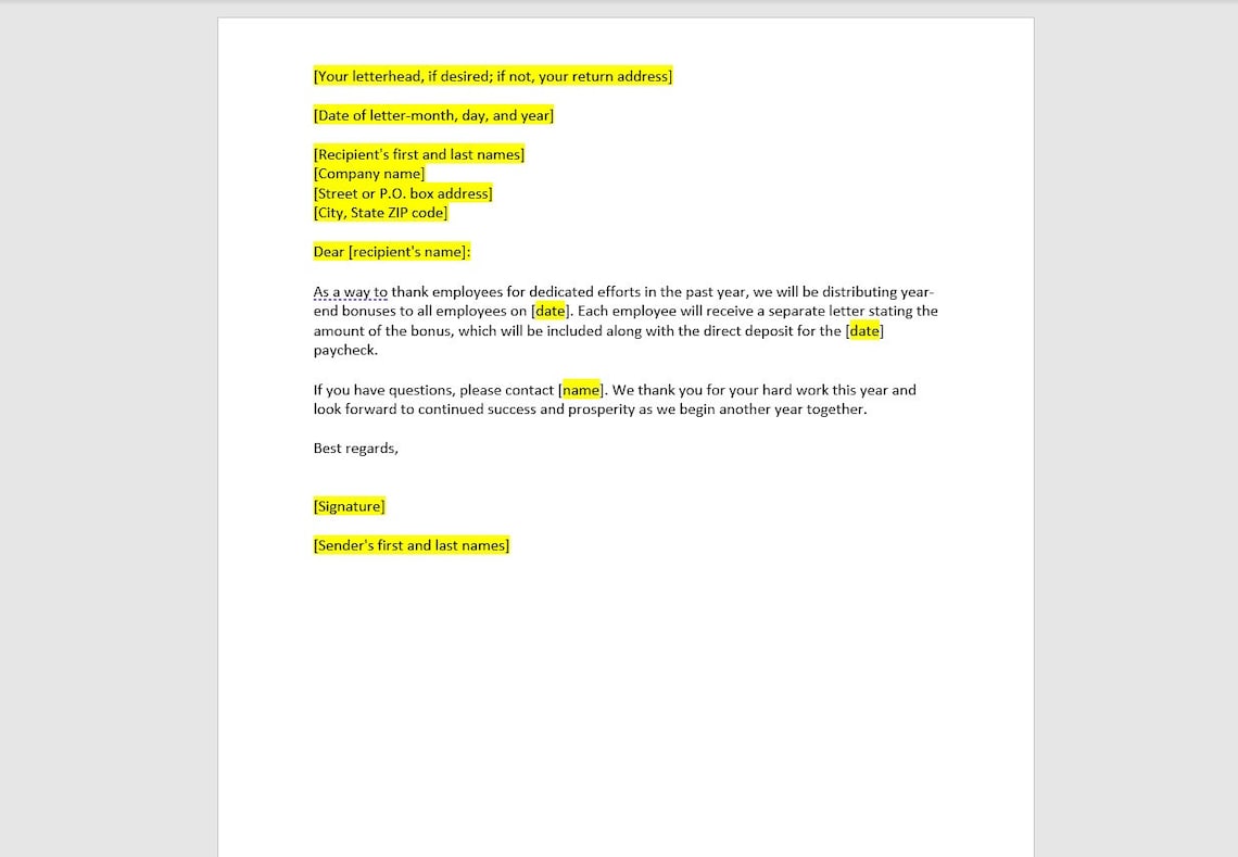 Employee Annual Bonus Letter Template, Employee Annual Bonus Letter ...
