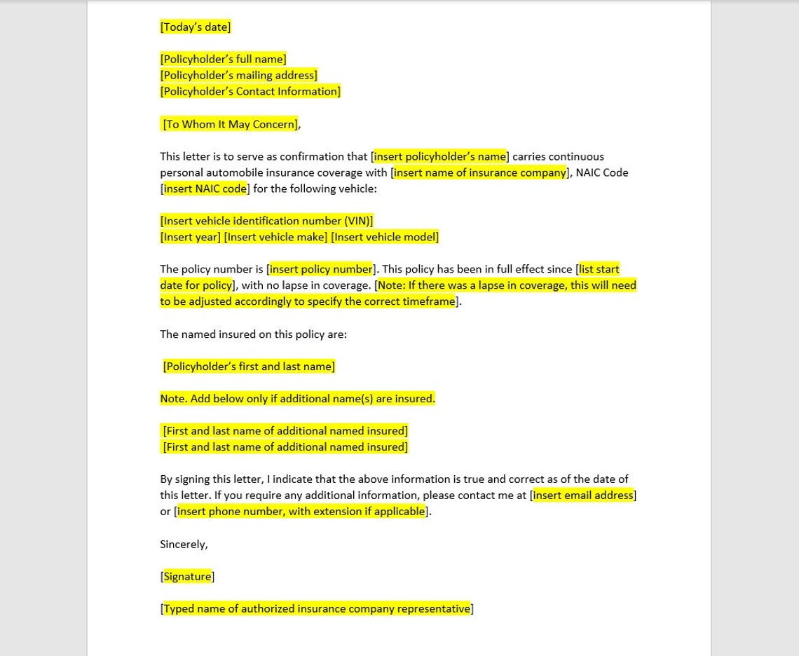 Proof of Auto Insurance Letter Template, Proof of Auto Insurance Letter ...