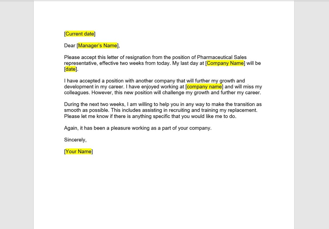 Resignation Letter Sample Sales Associate