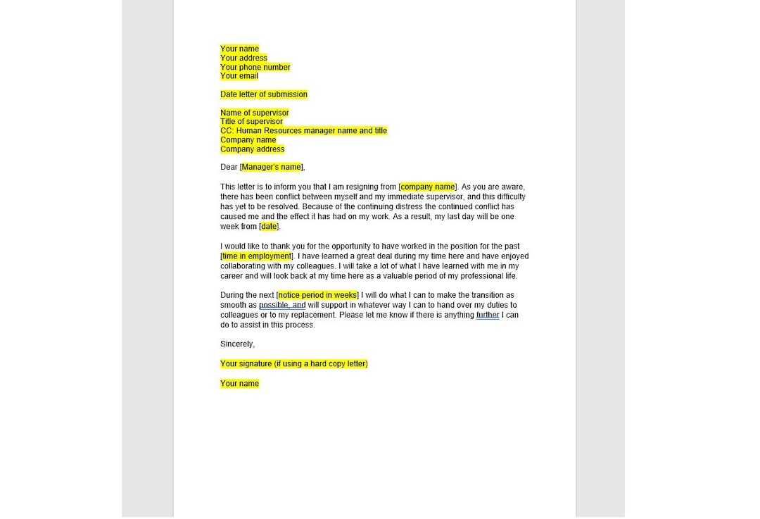 Editable Resignation Due to Conflict Template, Conflict Template ...