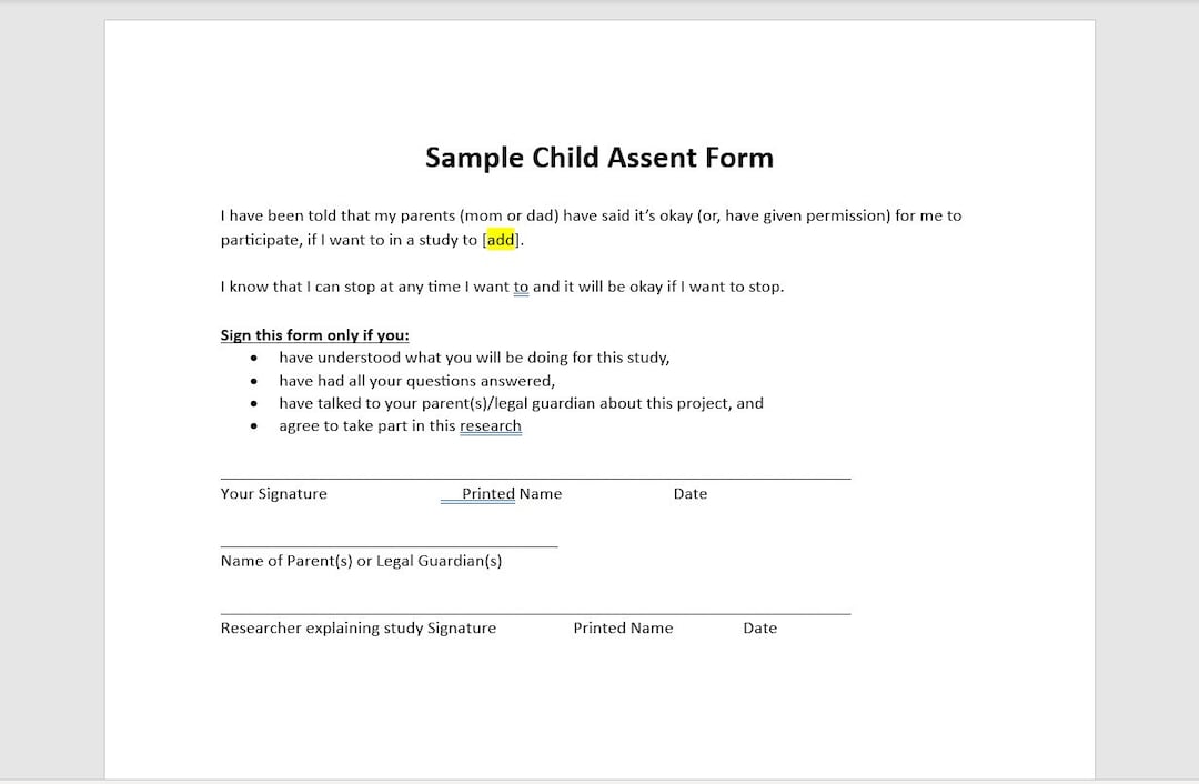 Parental Assent Form Template, Parental Assent Form, Permission to ...
