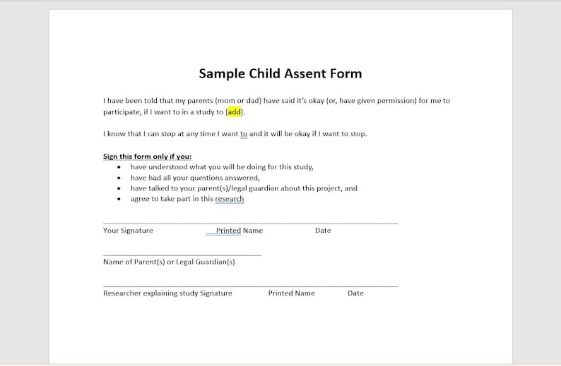 Parental Assent Form Template, Parental Assent Form, Permission to ...