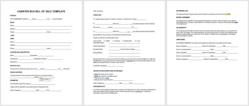 Editable Charter Bus Bill of Sale Template, Editable Bill of Sale, Bill ...