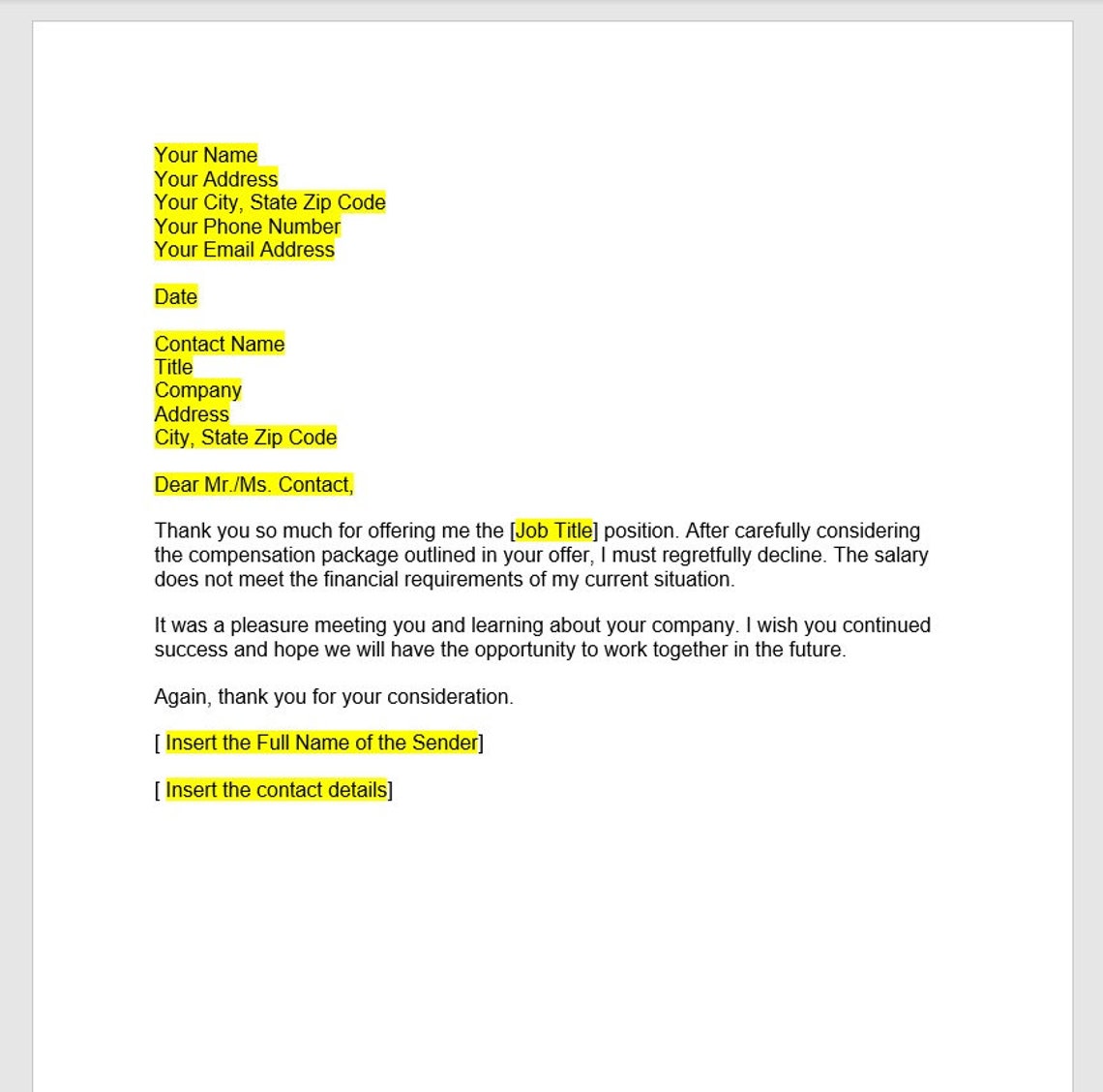 Job Decline Letter Template, Job Decline Letter, Job Decline Template ...