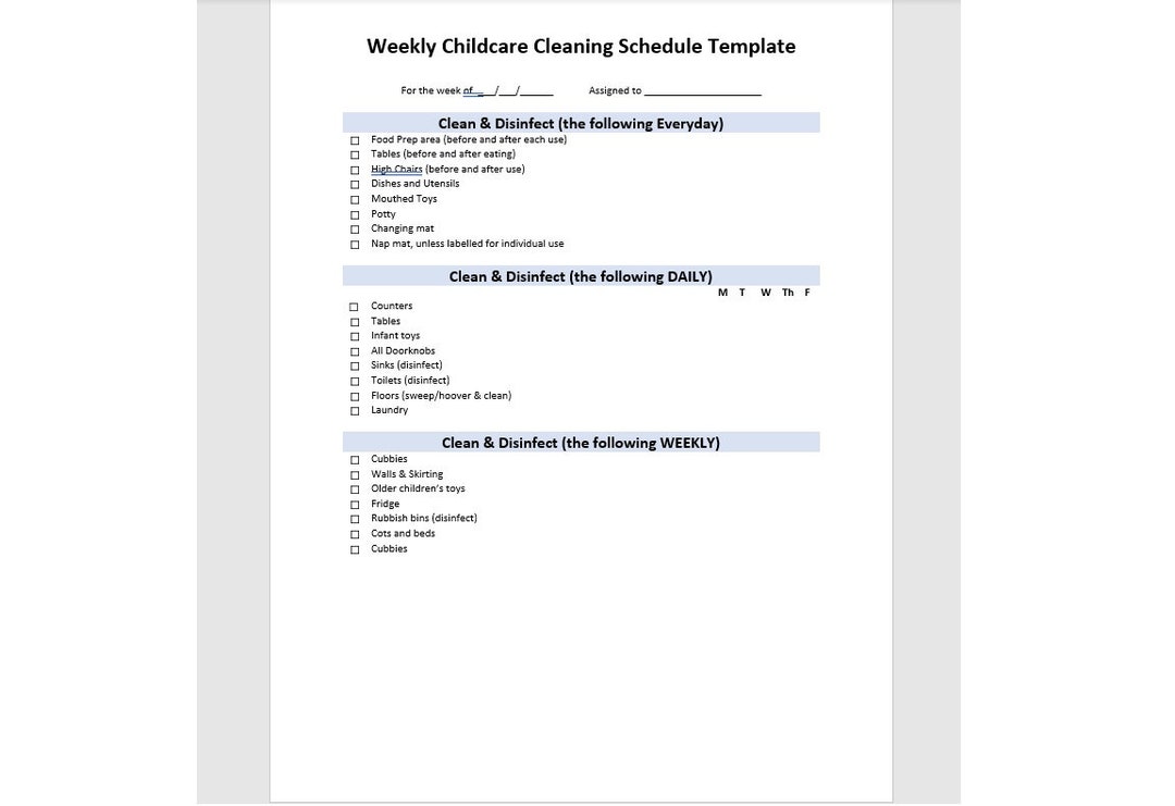 Editable Template, Cleaning Schedule, Weekly Childcare Cleaning ...