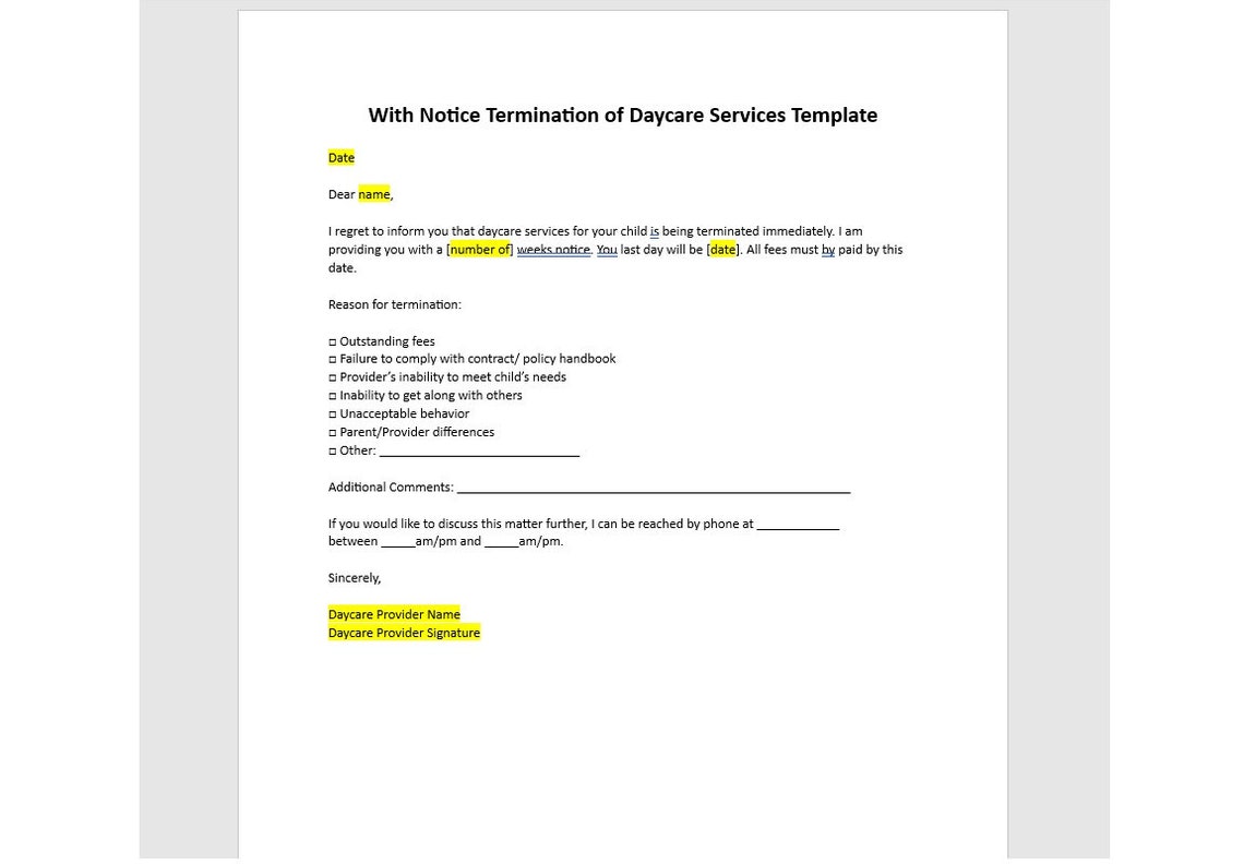 Editable With Notice Termination of Daycare Services Template ...