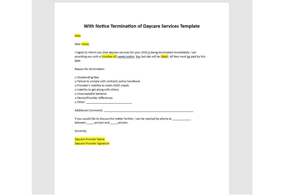 Editable With Notice Termination of Daycare Services Template ...