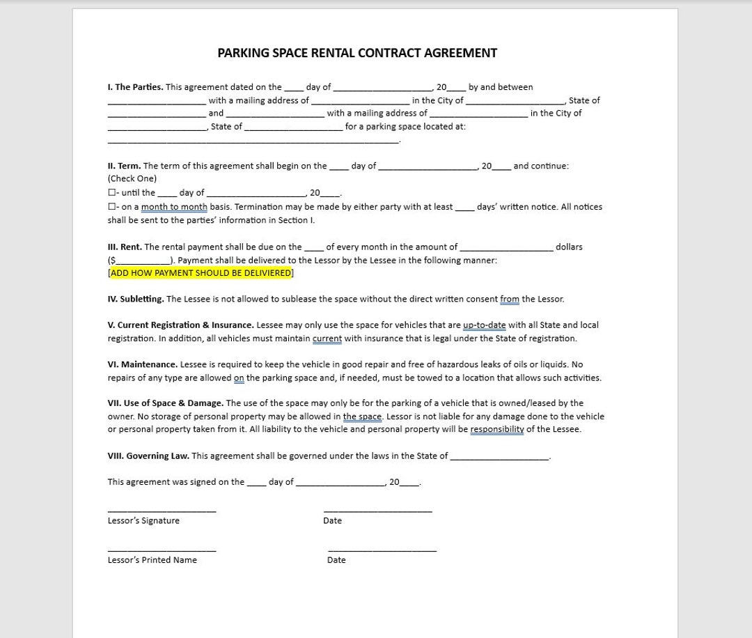 Parking Space Rental Agreement, Parking Space Rental Agreement Template ...