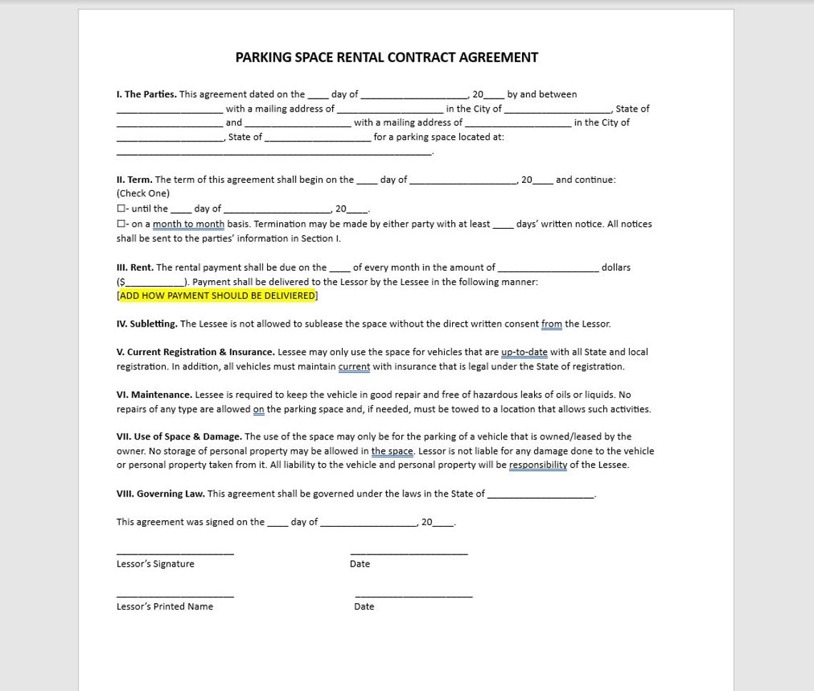Parking Space Rental Agreement, Parking Space Rental Agreement Template ...