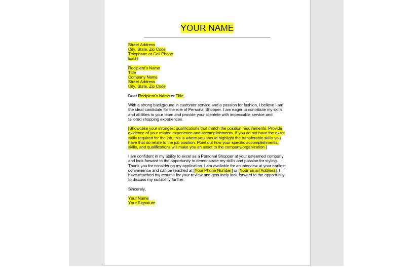 Personal Shopper Simple Cover Letter, Cover Letter Template, Editable ...