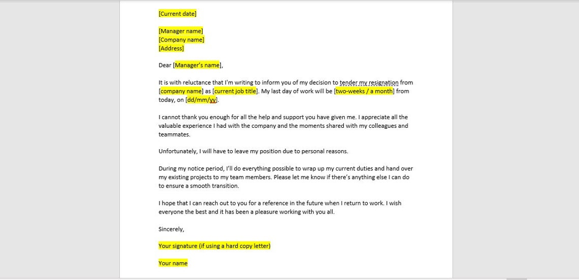 Personal Reason Resignation Letter, Resignation Letter, Resignation ...