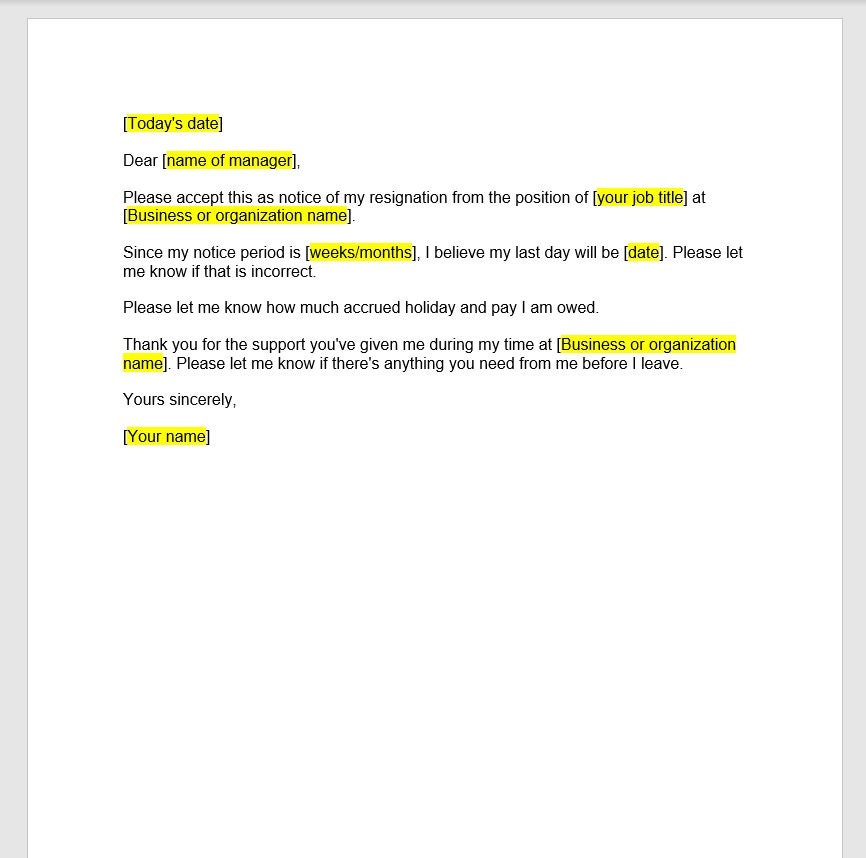 Resignation Letter Template Specified Notice Period