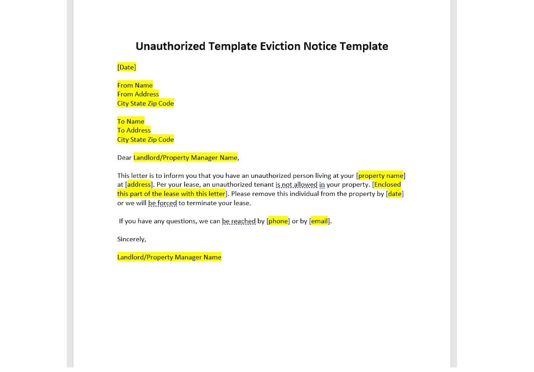 Unauthorized Tenant Eviction Notice Letter Template, Eviction Notice ...
