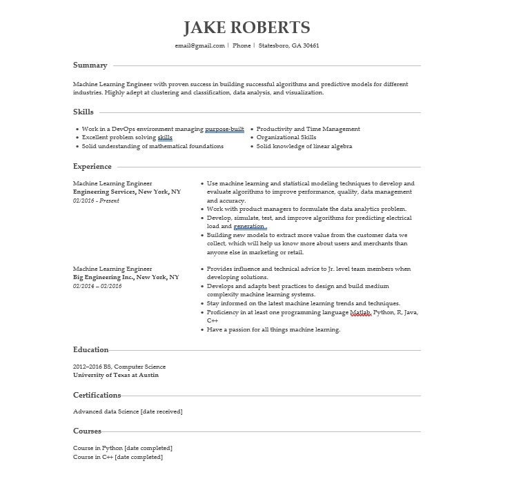 Machine Learning Engineer Basic Resume Template Word, Basic Resume and ...
