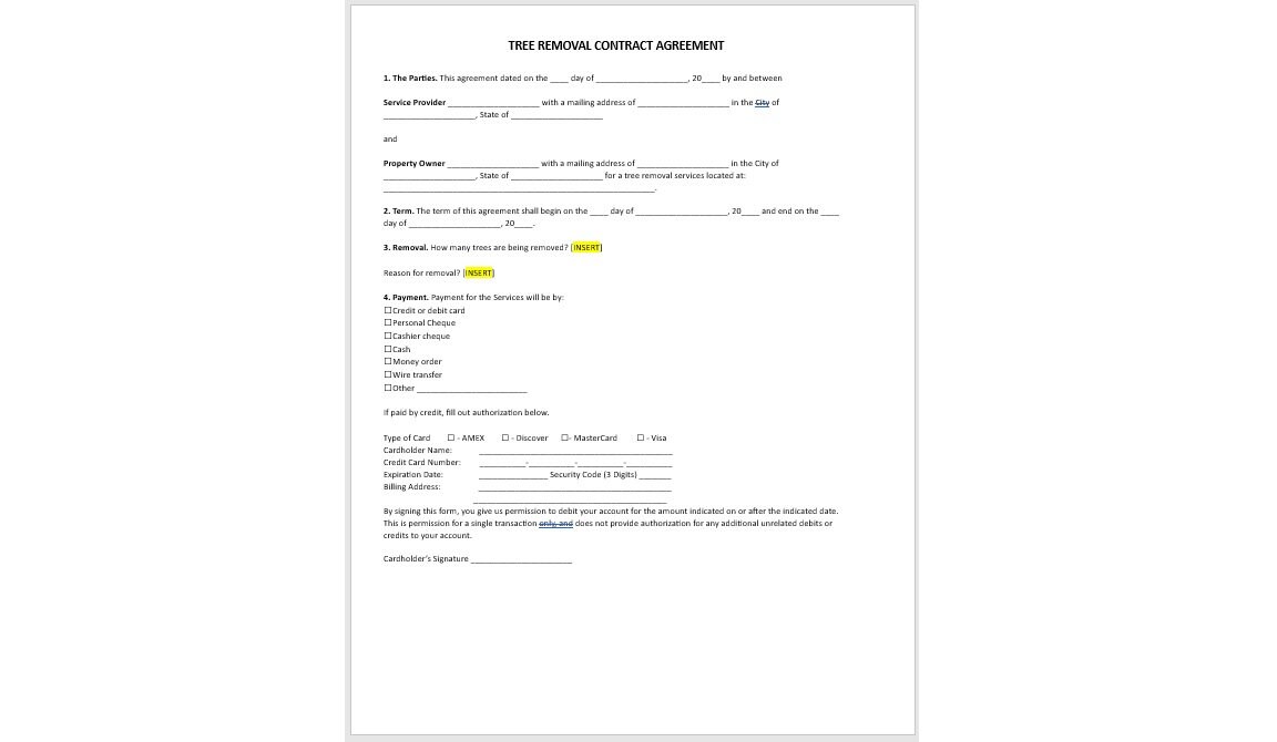 Editable Tree Removal Contract, Tree Removal Contract Template, Tree ...