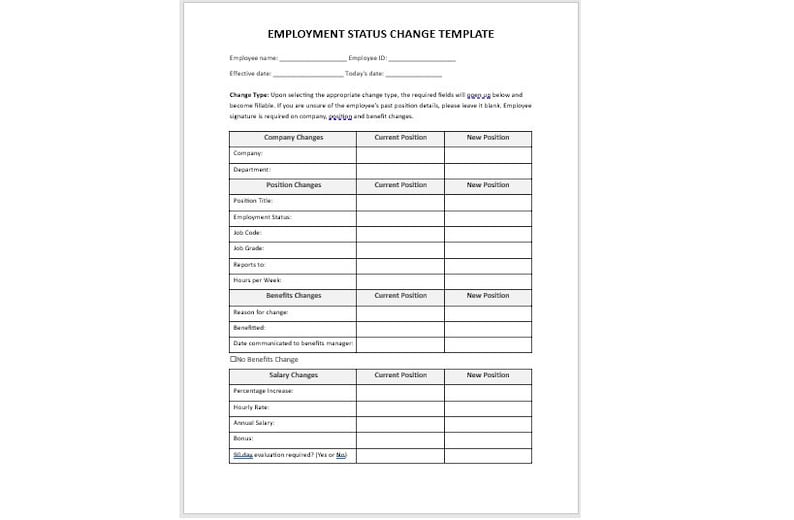 Editable Employment Status, Employment Status Change Template, Job ...