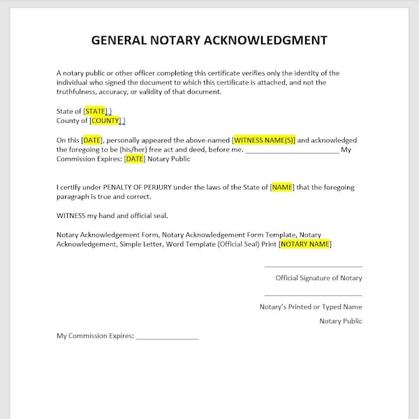 Simple Notary Acknowledgement - Etsy