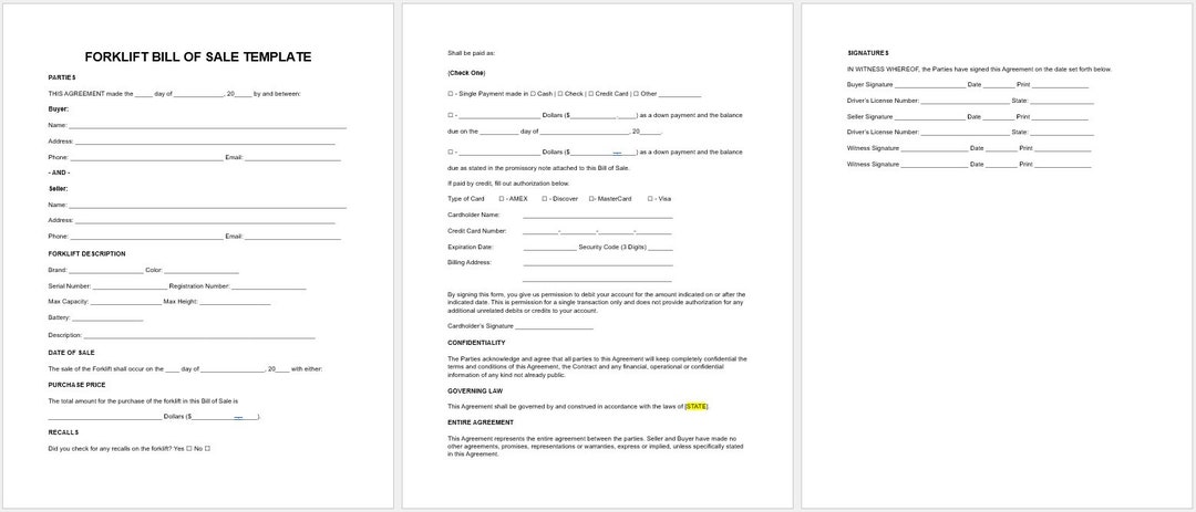 Editable Forklift Bill of Sale Template, Editable Bill of Sale ...