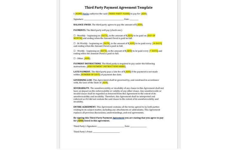 Editable Third Party Payment Agreement Contract Template, Payment ...
