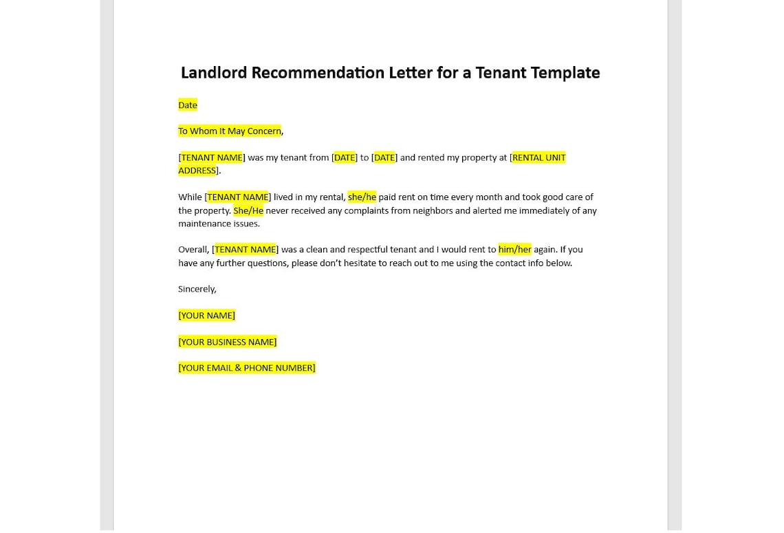 Landlord Recommendation Letter for a Tenant, Landlord Recommendation ...