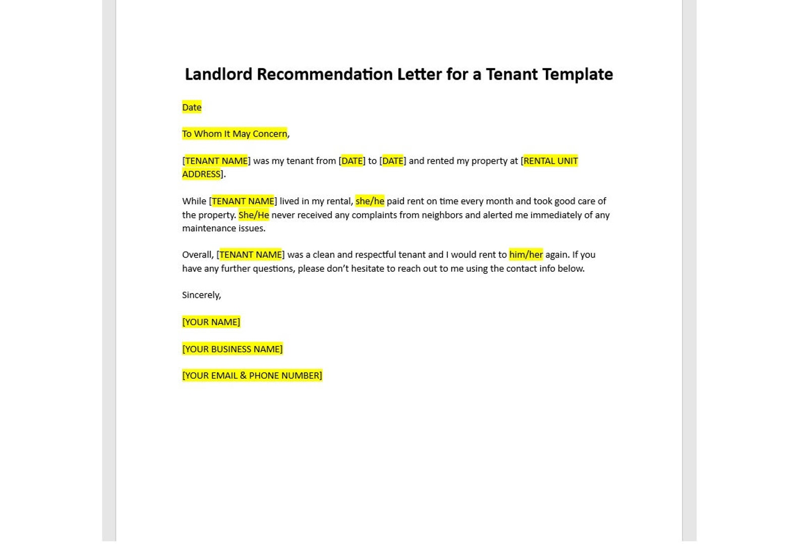 Landlord Recommendation Letter for a Tenant, Landlord Recommendation ...