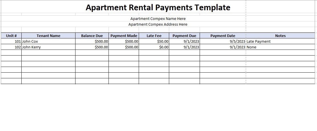 Editable Apartment Rental Payments, Apartment Rental Payments Template ...