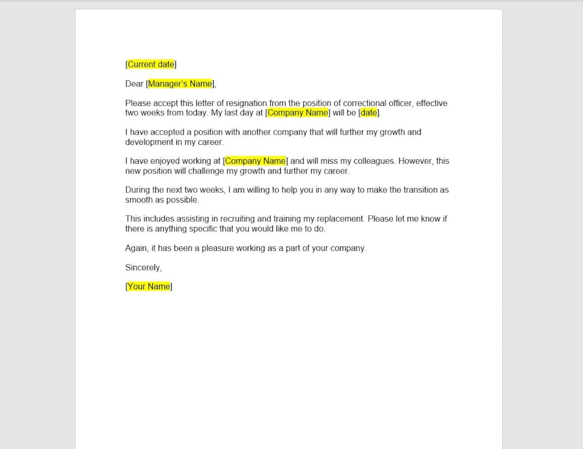 Correctional Officer Resignation Letter Template, Resignation Letter ...