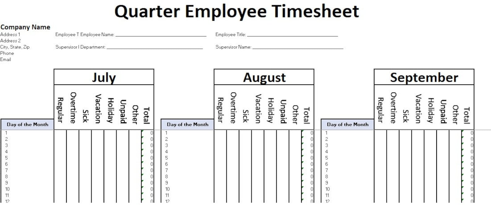 Editable Quarter Employee Timesheet, Quarter Employee Timesheet ...