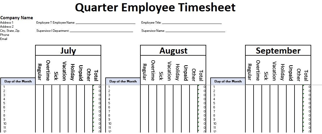 Editable Quarter Employee Timesheet, Quarter Employee Timesheet ...