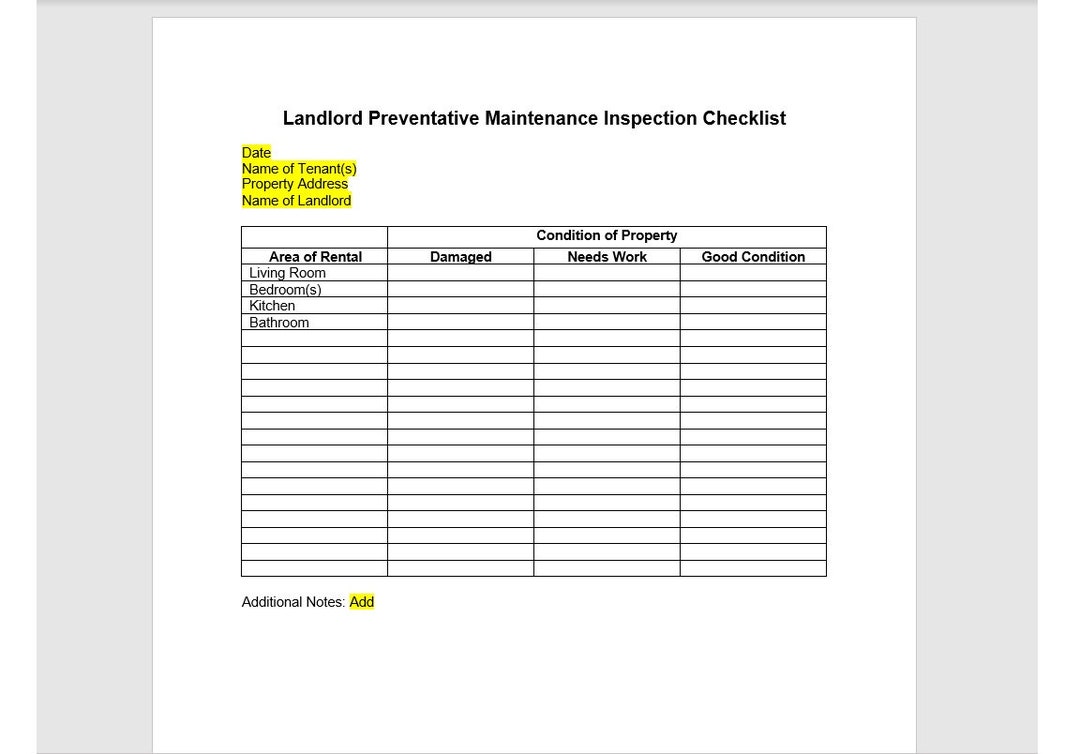 Landlord Preventative Maintenance Inspection Checklist, Maintenance ...