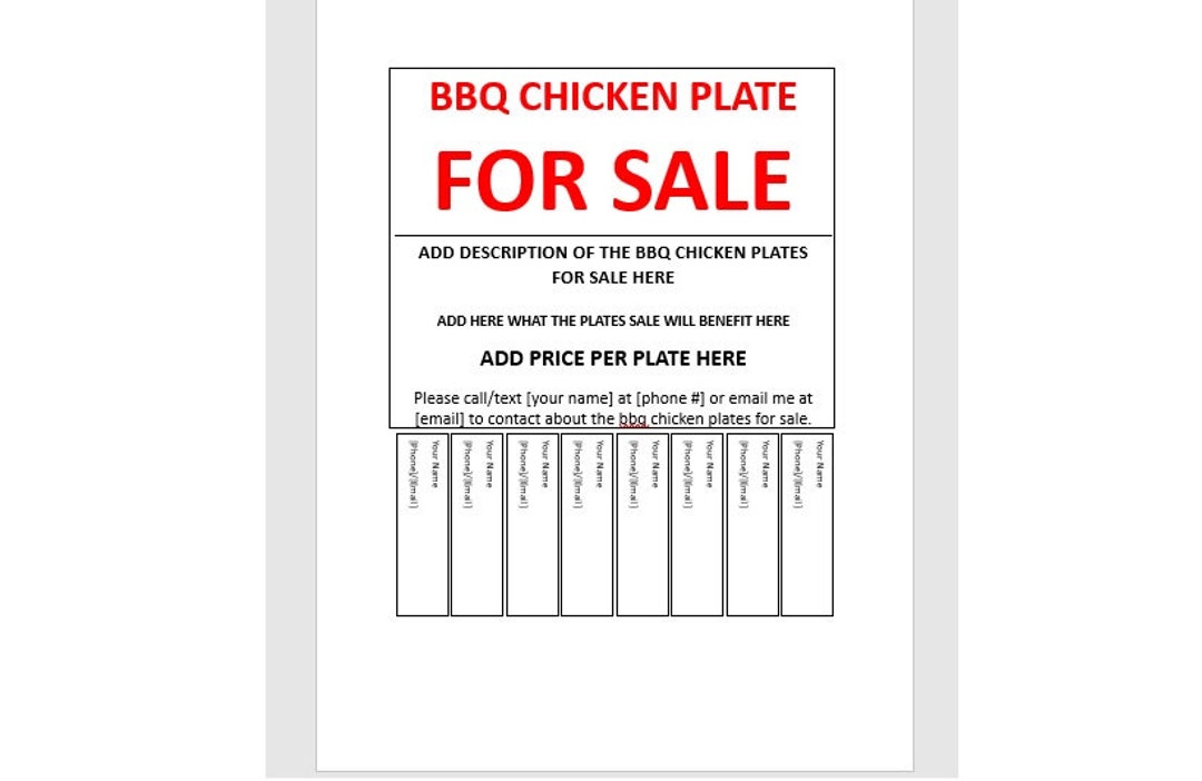 Editable BBQ Chicken Plate for Sale Tear-off Flyer, Tear-off Flyer ...