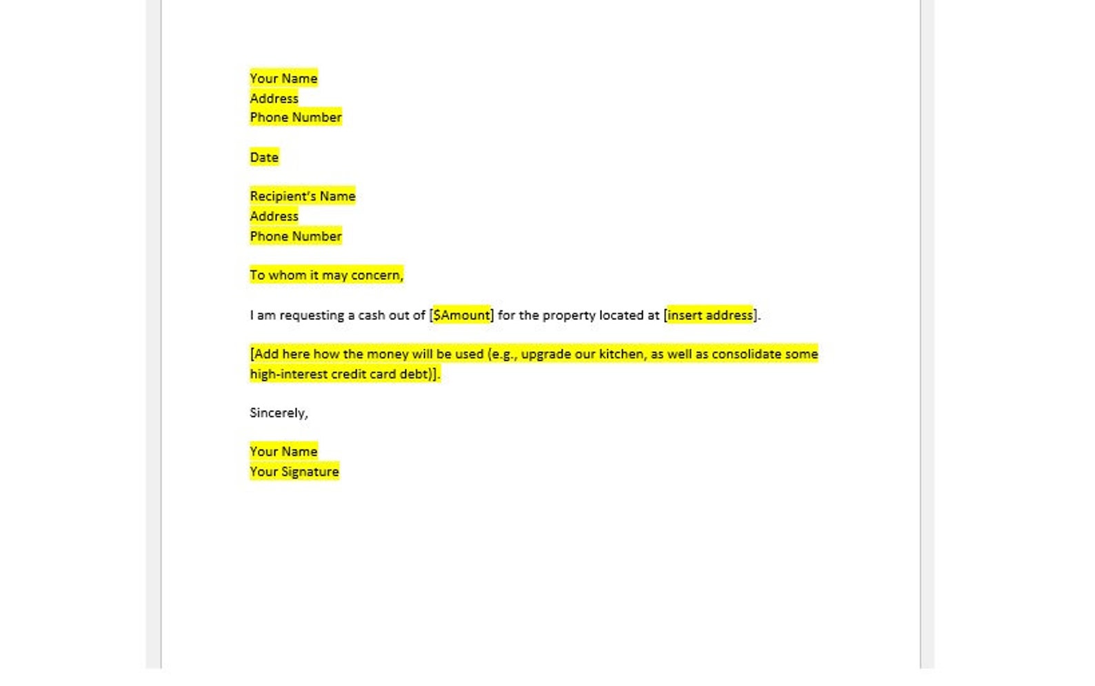 Cash Out Refinance Letter Template, Cash Out Refinance Letter, Cash Out ...