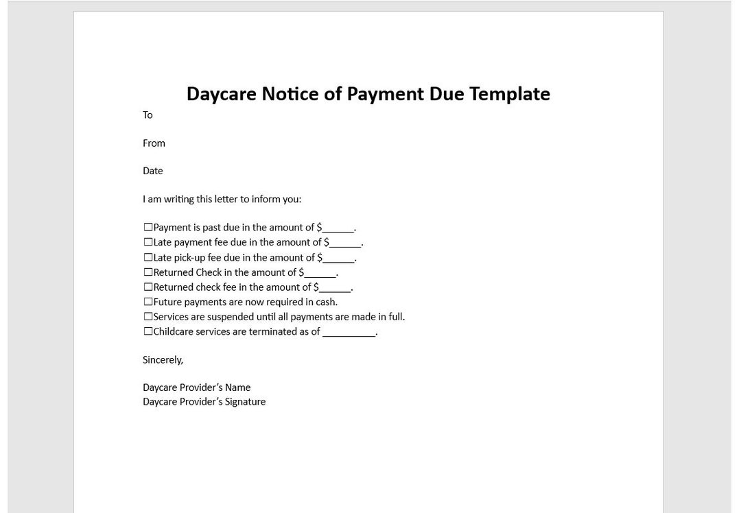 Editable Daycare Notice of Payment Due Template, Payment Due Template, Notice Payment Template ...