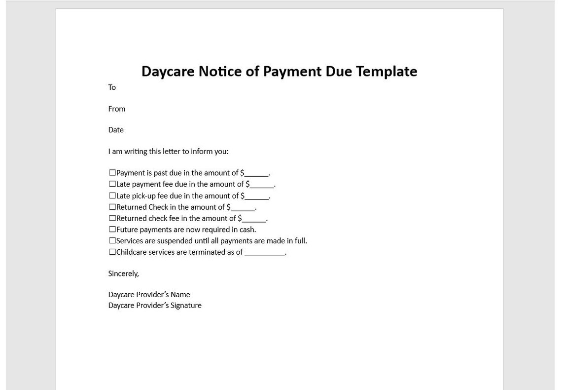 Editable Daycare Notice of Payment Due Template, Payment Due Template ...