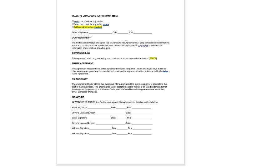 Editable Audio Speakers Bill of Sale Template, Editable Bill of Sale ...