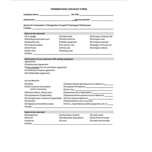 Termination Checklist Template - Etsy