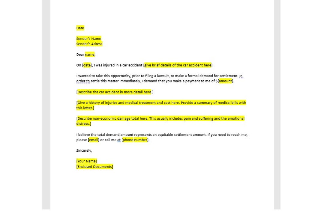 Car Acident Injury Demand Letter Template, Editable Template, Word ...