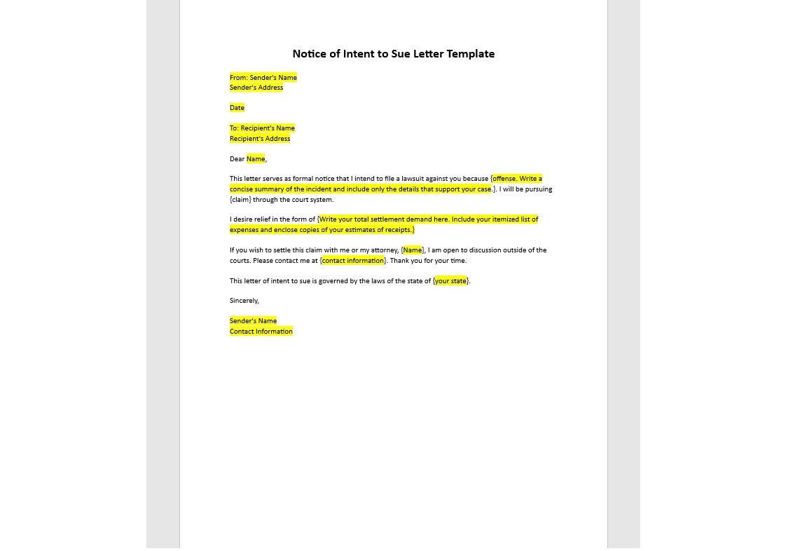 Editable Notice of Intent to Sue, Notice of Intent to Sue Template ...