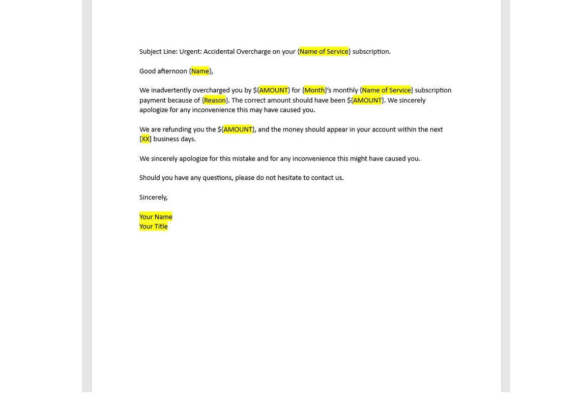 Accidental Overcharge Email Template, Overcharge Refund Email, Refund ...