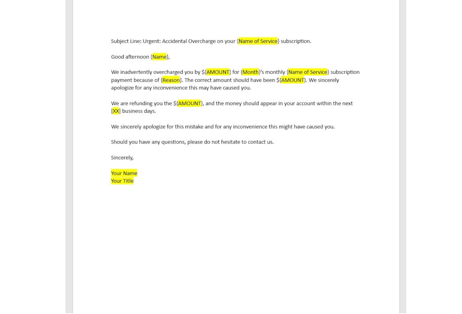 Accidental Overcharge Email Template, Overcharge Refund Email, Refund ...