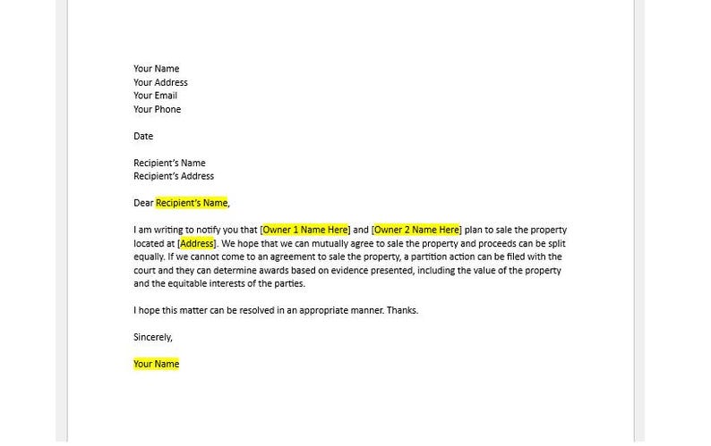 Editable Intent to Sale Property Mutiple Owners, Intent to Sale ...