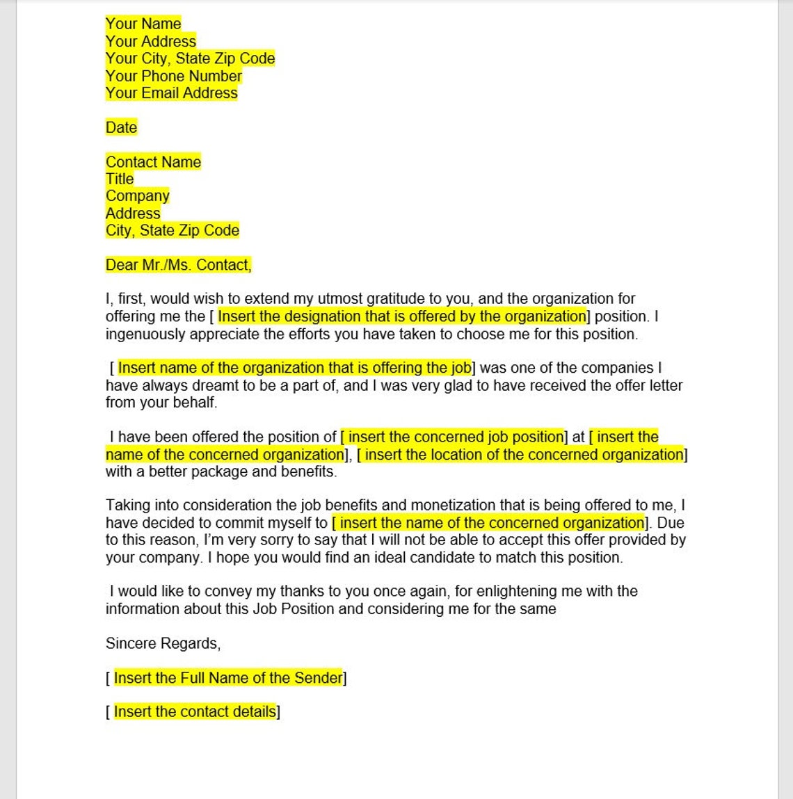 Job Decline Letter Template, Job Decline Letter, Job Decline Template ...