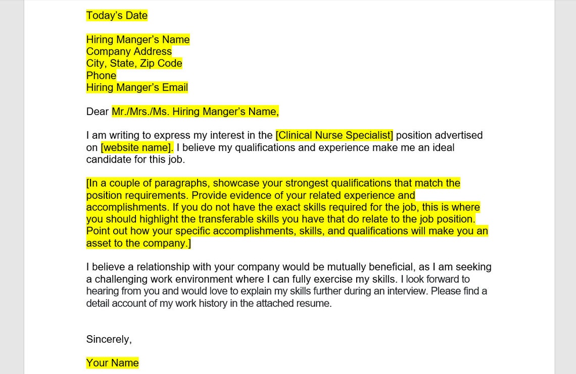 Clinical Nurse Specialist Cover Letter, Cover Letter Template, Editable ...
