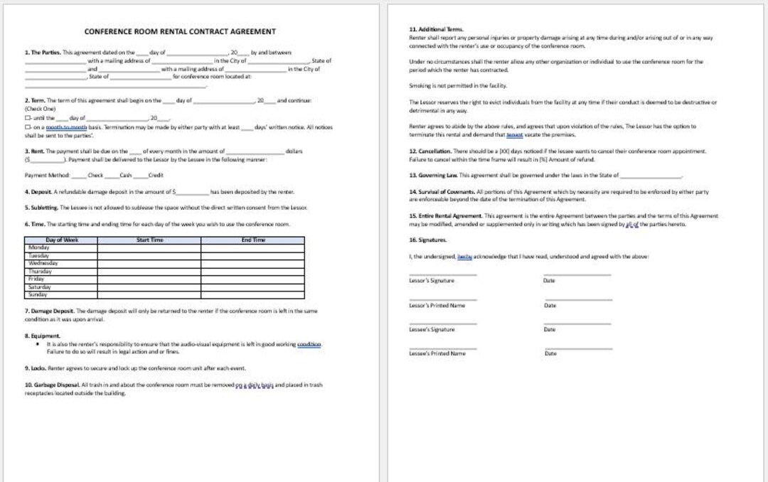 Conference Room Rental Agreement, Conference Room Rental Rental ...
